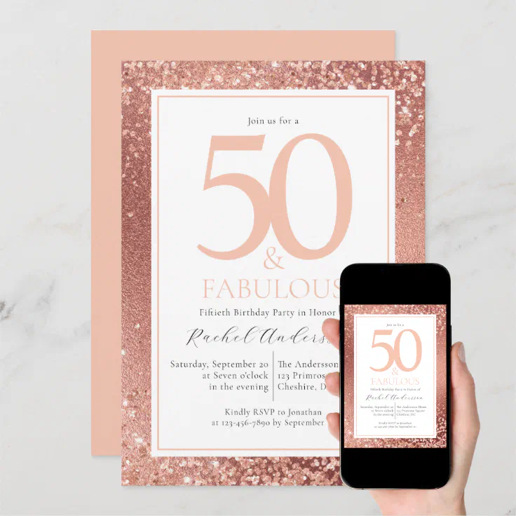 Elegant Rose Gold 50 and Fabulous 50th Birthday In Invitation | Zazzle