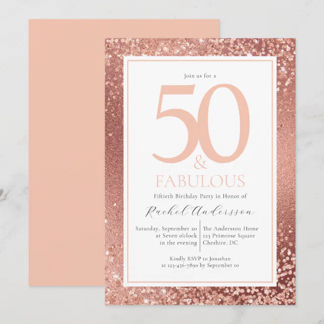 Elegant Rose Gold 50 and Fabulous 50th Birthday In Invitation | Zazzle