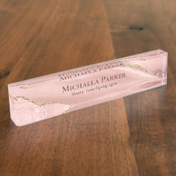 Elegant Rose Gold Agate Geode Professional Desk Name Plate | Zazzle