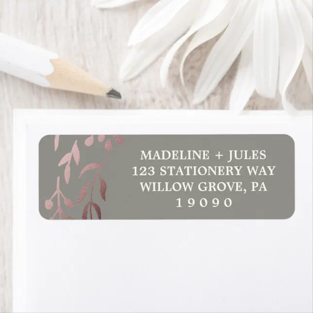 Elegant Rose Gold and Gray | Leafy Frame Wedding Label | Zazzle