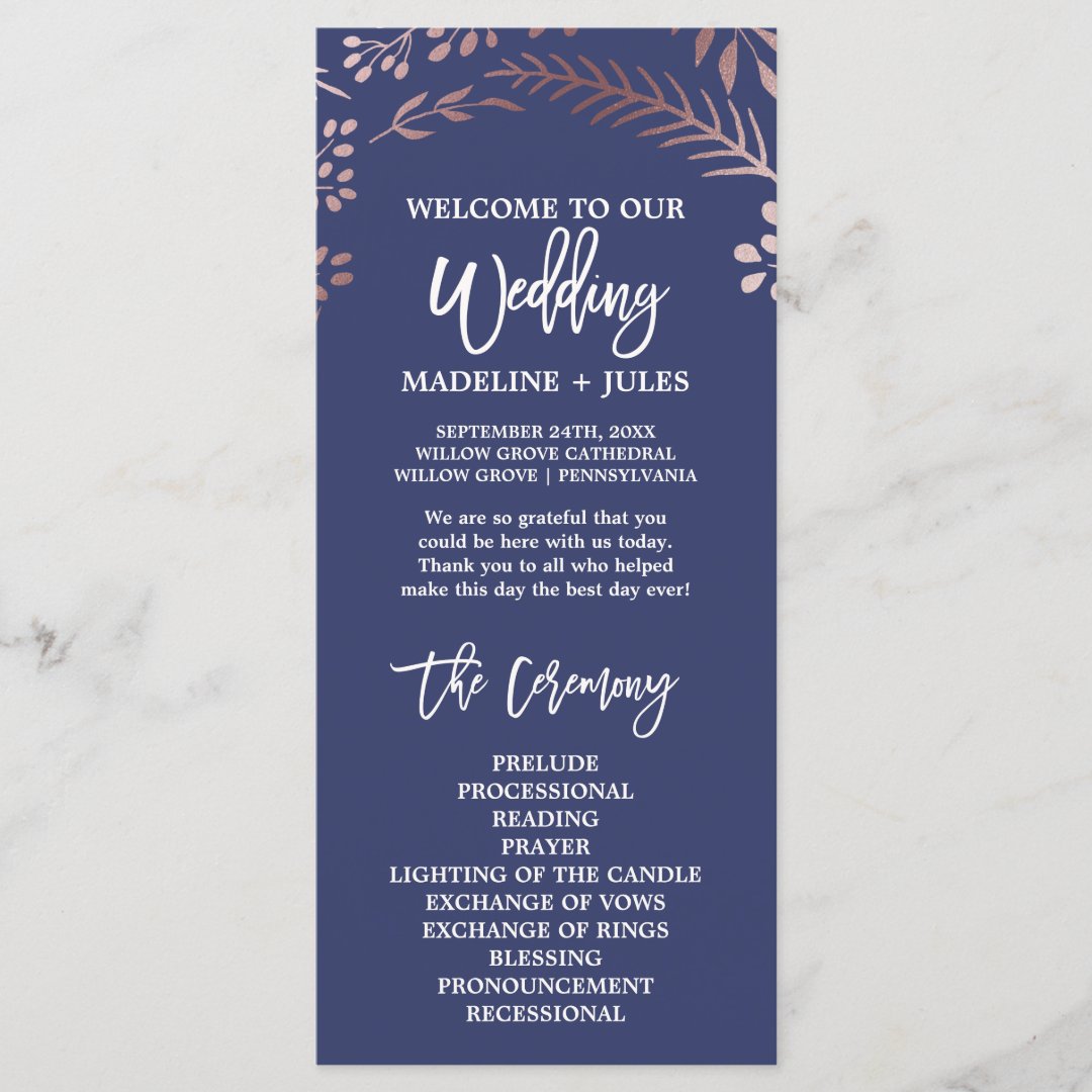 Elegant Rose Gold and Navy Wedding Program | Zazzle