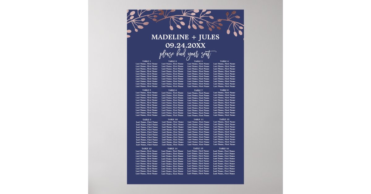 Elegant Rose Gold and Navy Wedding Seating Chart | Zazzle
