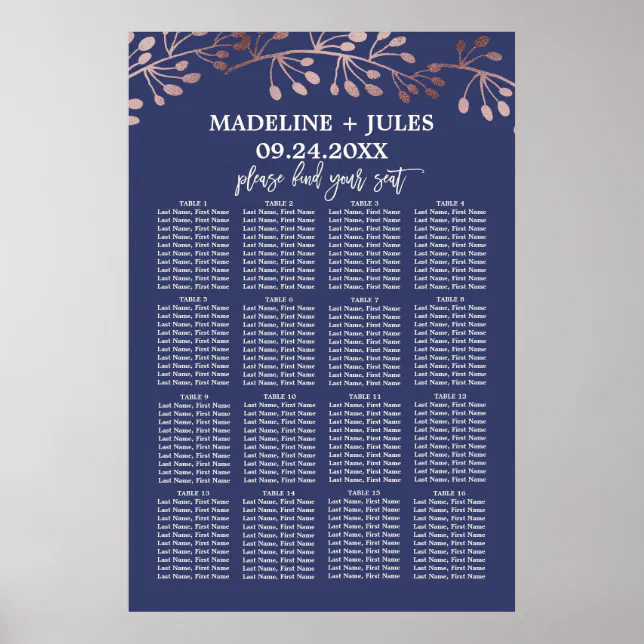 Elegant Rose Gold and Navy Wedding Seating Chart | Zazzle