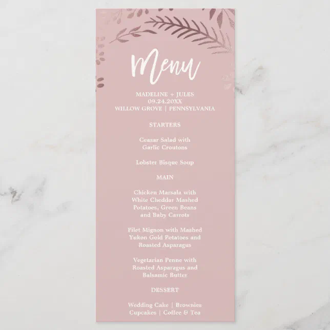 Elegant Rose Gold and Pink Wedding Menu Card | Zazzle