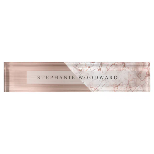 Elegant Rose Gold Brushed Metal Pink Marble Desk Name Plate | Zazzle