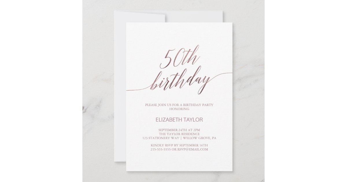 Elegant Rose Gold Calligraphy 50th Birthday Invitation | Zazzle