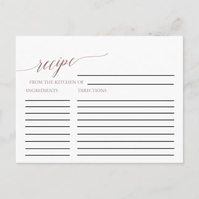 Elegant Rose Gold Calligraphy Bridal Recipe Cards | Zazzle