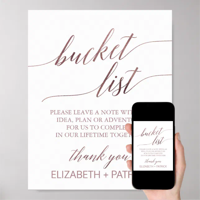 Elegant Rose Gold Calligraphy Bucket List Sign | Zazzle