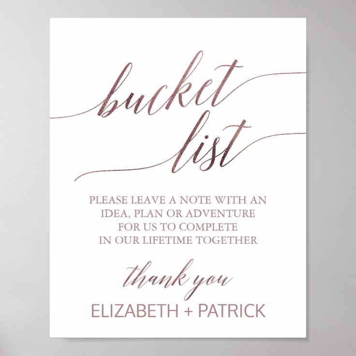 Elegant Rose Gold Calligraphy Bucket List Sign | Zazzle