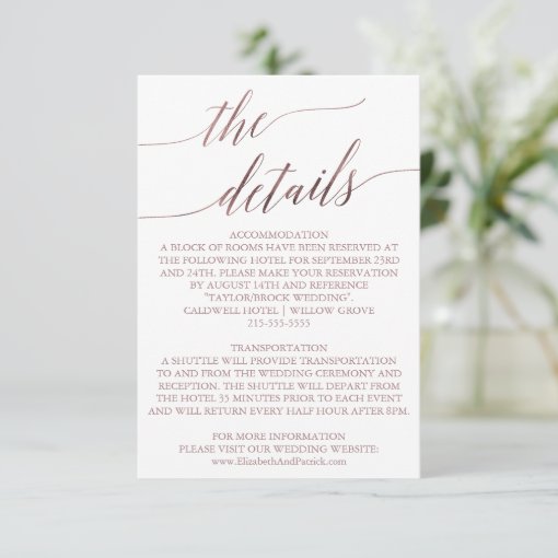 Elegant Rose Gold Calligraphy Details Insert Card | Zazzle