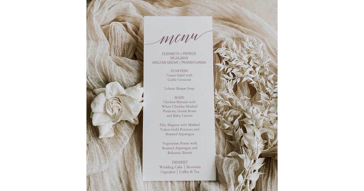 Elegant Rose Gold Calligraphy Dinner Menu Card | Zazzle