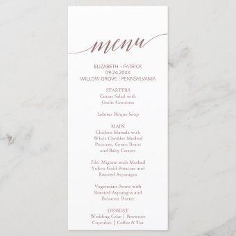 Elegant Rose Gold Calligraphy Dinner Menu Card | Zazzle