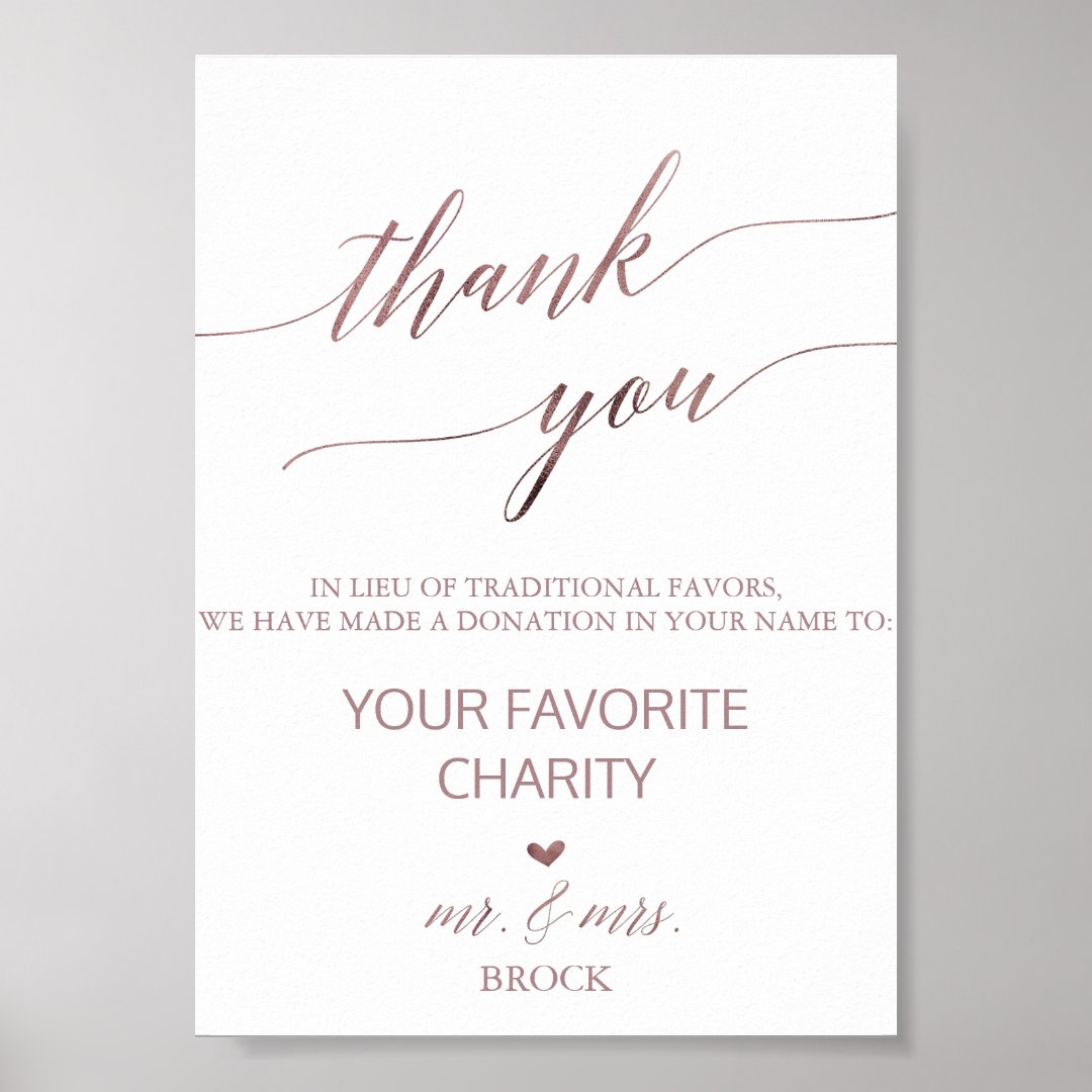 Elegant Rose Gold Calligraphy Donation Favor Sign | Zazzle
