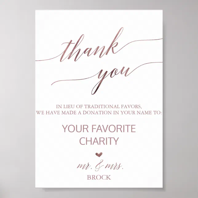 Elegant Rose Gold Calligraphy Donation Favor Sign | Zazzle