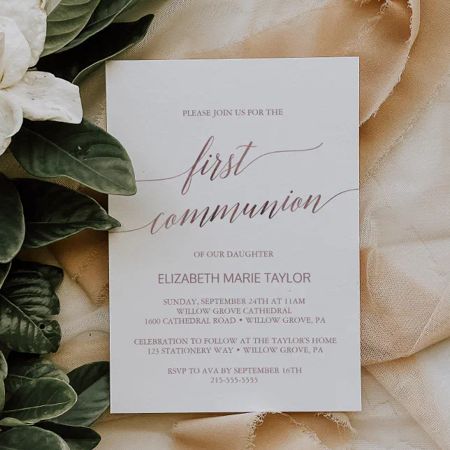 Elegant Rose Gold Calligraphy First Communion Invitation | Zazzle