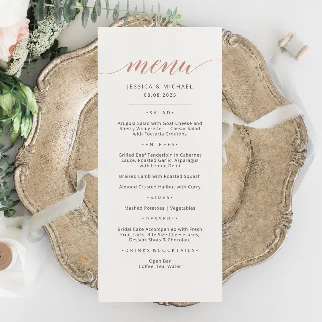 Elegant Rose Gold Calligraphy Menu Card | Zazzle