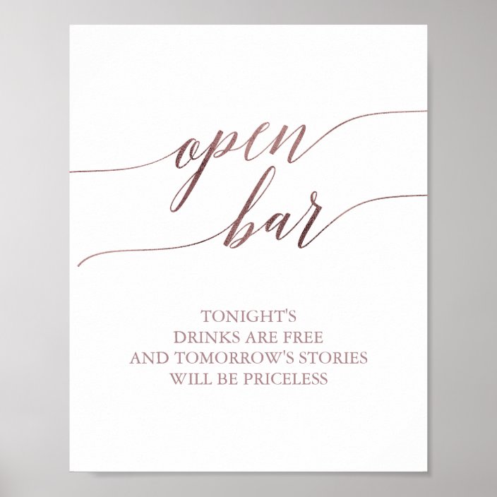 Elegant Rose Gold Calligraphy Open Bar Sign | Zazzle.com