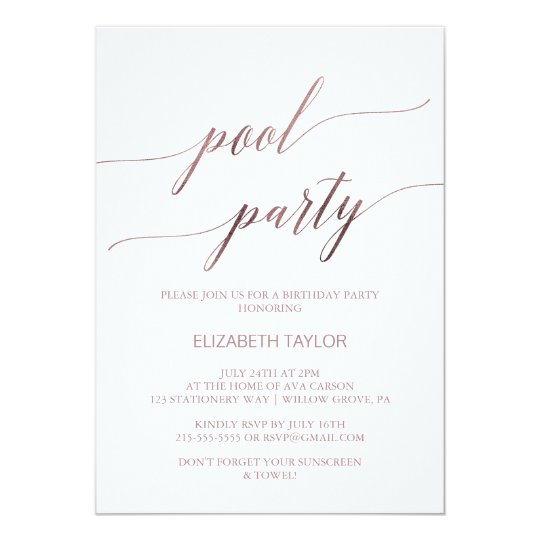 Elegant Rose Gold Calligraphy Pool Party Birthday Invitation | Zazzle.com