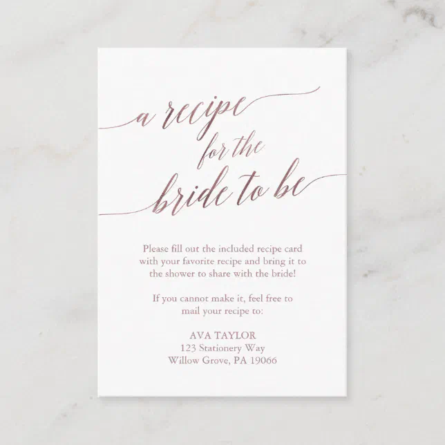 Elegant Rose Gold Calligraphy Recipe Card Insert | Zazzle