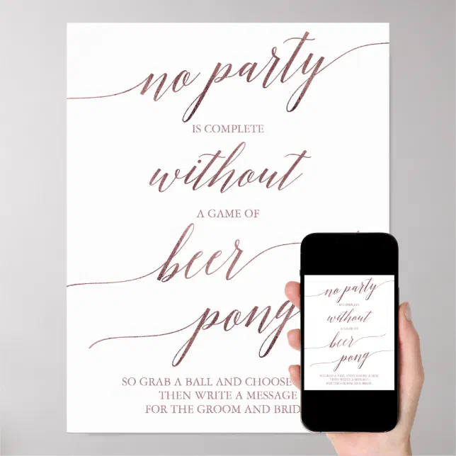 Elegant Rose Gold Calligraphy Wedding Beer Pong Poster | Zazzle