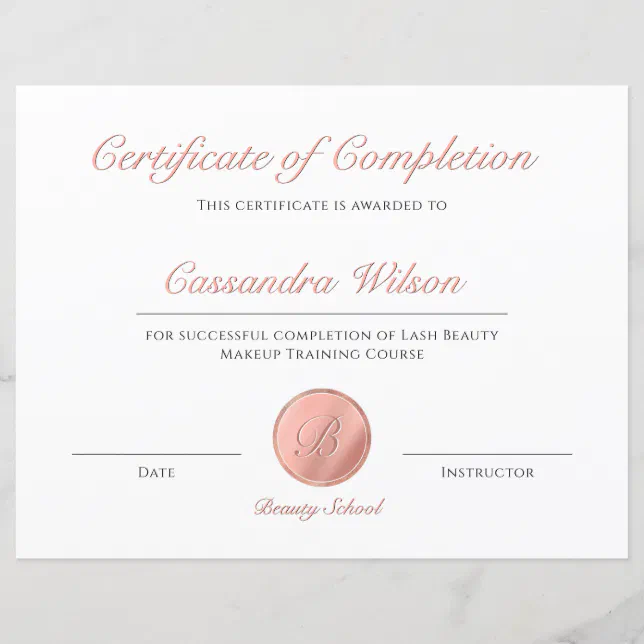 Elegant Rose Gold Certificate of Completion | Zazzle