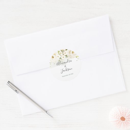Elegant Rose & Gold Cursive Wedding Favor Classic Round Sticker | Zazzle