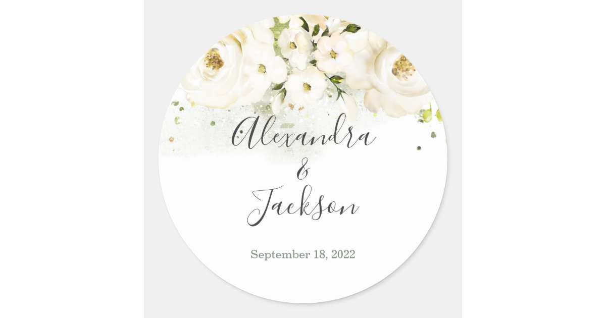 Elegant Rose & Gold Cursive Wedding Favor Classic Round Sticker | Zazzle