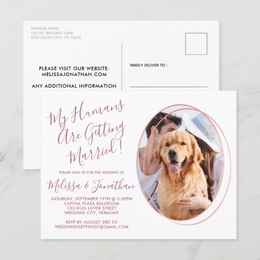 Elegant Rose Gold Custom Pet Photo Dog Wedding Invitation Postcard | Zazzle