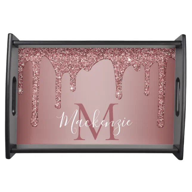Elegant Rose Gold Dripping Glitter Monogram Serving Tray | Zazzle