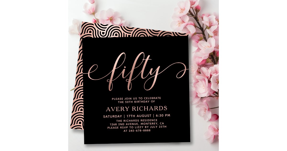 Elegant Rose Gold Fifty Script Black 50th Birthday Invitation | Zazzle