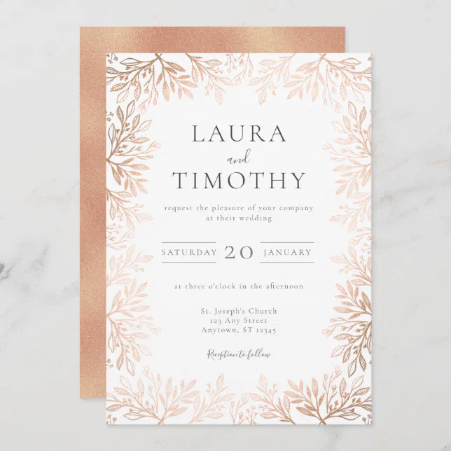 Elegant Rose Gold Floral Border Typography Wedding Invitation | Zazzle