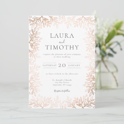 Elegant Rose Gold Floral Border Typography Wedding Invitation | Zazzle