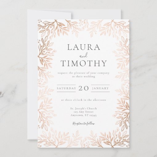Elegant Rose Gold Floral Border Typography Wedding Invitation | Zazzle