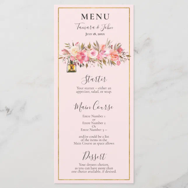 Elegant Rose Gold Floral Lanterns Reception Menu | Zazzle