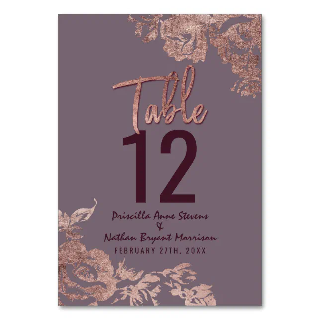 Elegant Rose Gold Floral Purple Mauve Table Number | Zazzle