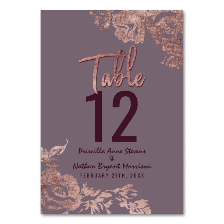 Elegant Rose Gold Floral Purple Mauve Table Number | Zazzle