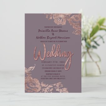 Elegant Rose Gold Floral Purple Mauve Wedding Invitation | Zazzle