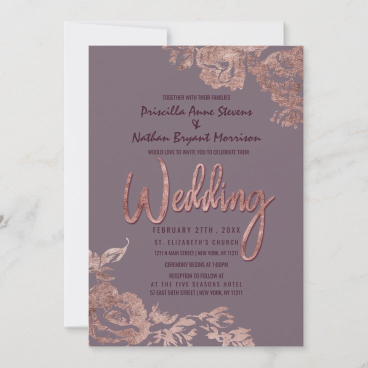 Elegant Rose Gold Floral Purple Mauve Wedding Invitation | Zazzle