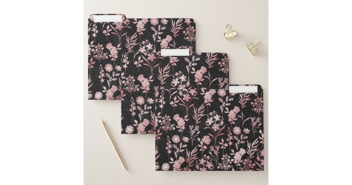 Elegant Rose Gold Flowers Black Botanical File Folder | Zazzle