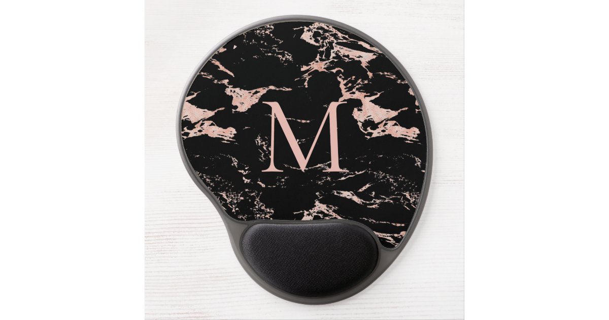 Elegant Rose Gold Foil Black Marble Monogram Gel Mouse Pad | Zazzle
