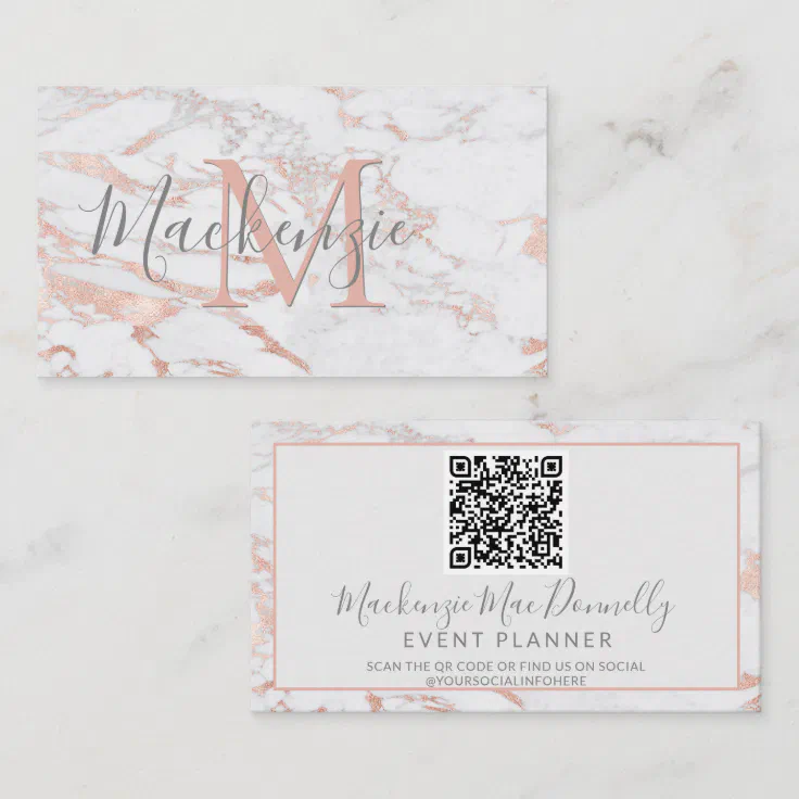 Elegant Rose Gold Foil Marble Monogram QR Code Business Card | Zazzle