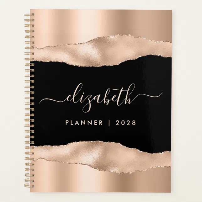 Elegant Rose Gold Foil Monogrammed Black Planner | Zazzle