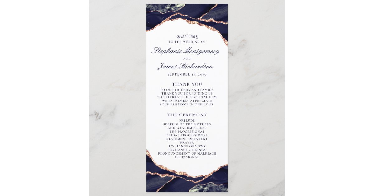 Elegant Rose Gold Foil Navy Blue Agate Wedding Program | Zazzle