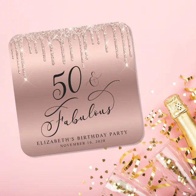 Elegant Rose Gold Glitter 50th Birthday Party Square Paper Coaster | Zazzle