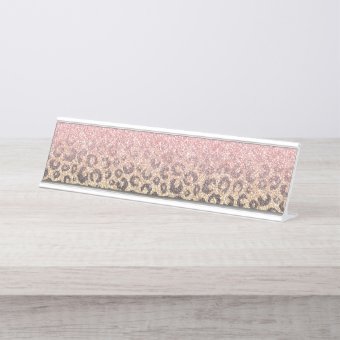 Elegant Rose Gold Glitter Black Leopard Print Desk Name Plate | Zazzle