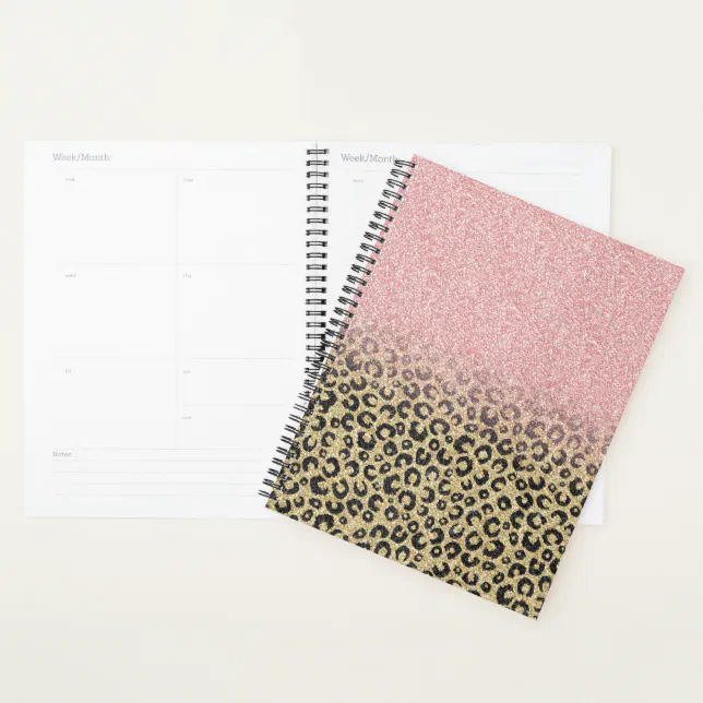 Elegant Rose Gold Glitter Black Leopard Print Planner | Zazzle