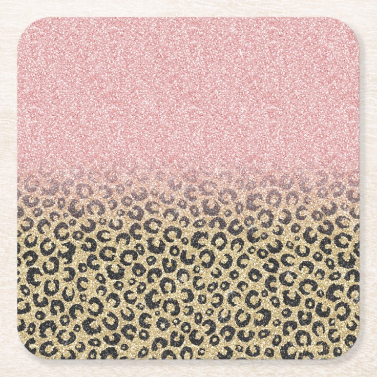 Elegant Rose Gold Glitter Black Leopard Print Square Paper Coaster | Zazzle