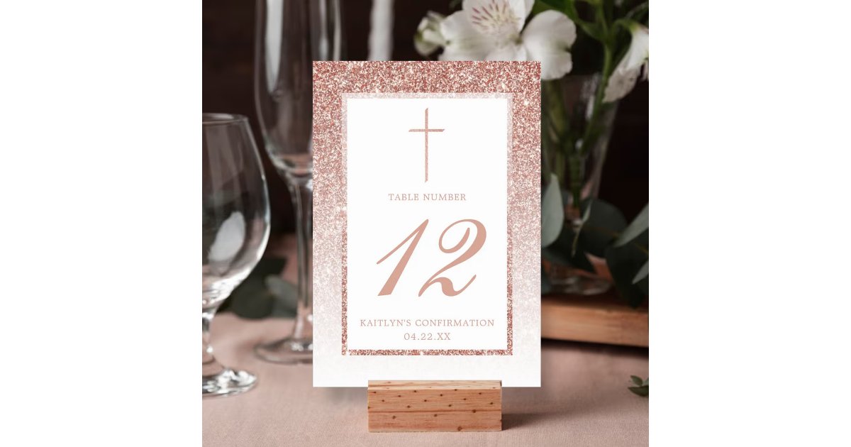 Elegant Rose Gold Glitter Confirmation Or Baptism Table Number | Zazzle