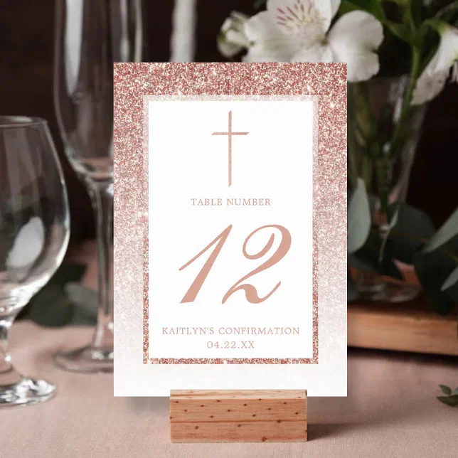 Elegant Rose Gold Glitter Confirmation Or Baptism Table Number | Zazzle
