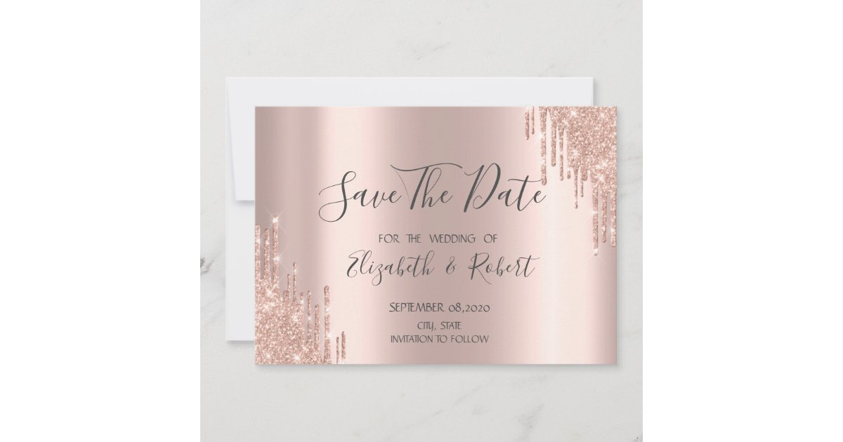 Elegant Rose Gold Glitter Drips Save The Date | Zazzle